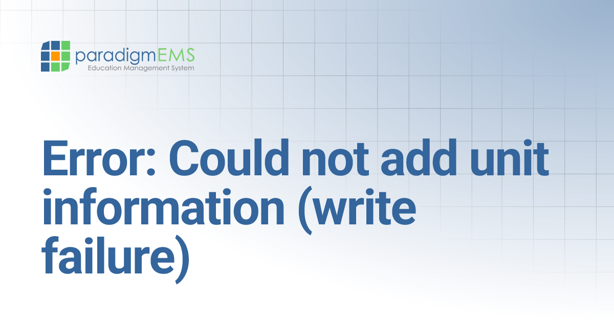 Error: Could not add unit information (write failure) | Silverband Documentation